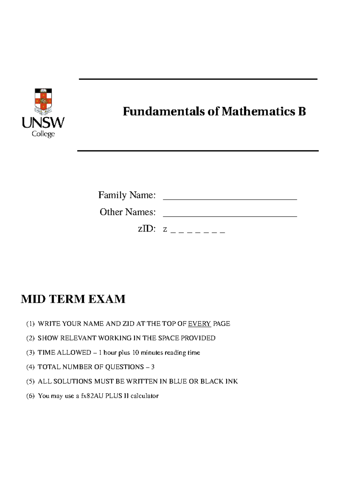 Fundamentals of Mathematics B - Term 2 2025 Midterm Exam Guide - Studocu