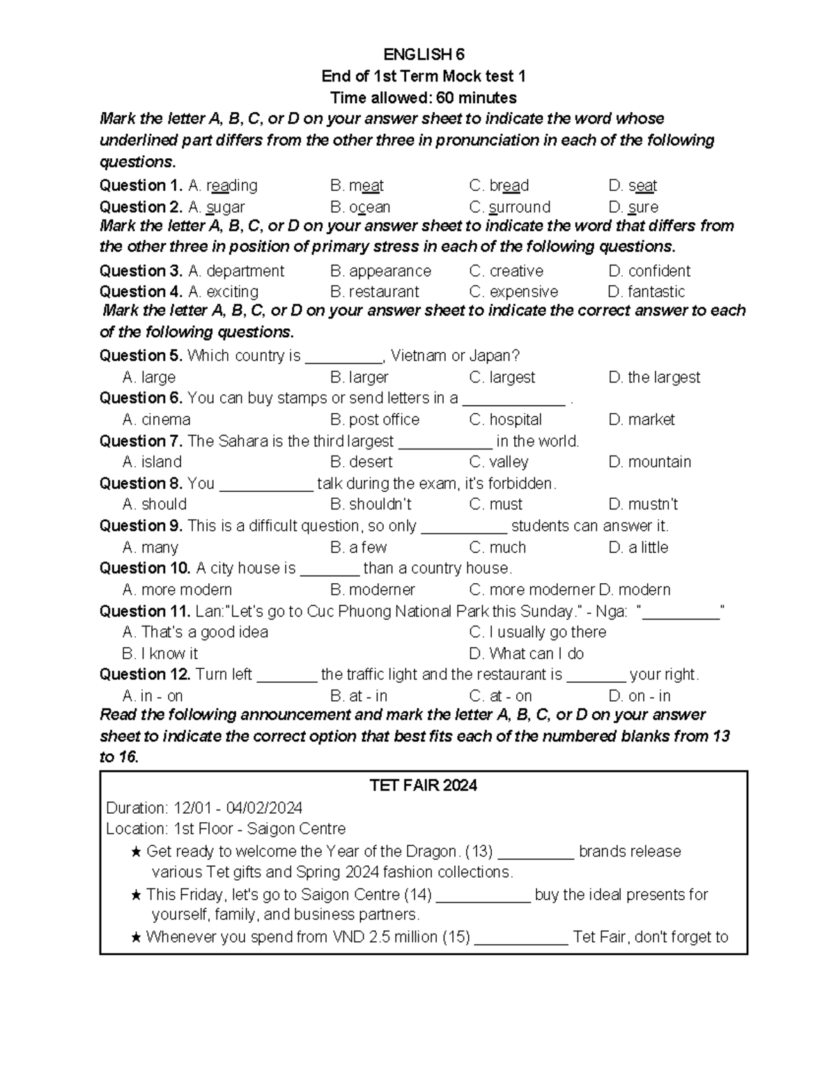 ENGLISH 6 Mock Test 1 - End of 1st Term Review - Studocu