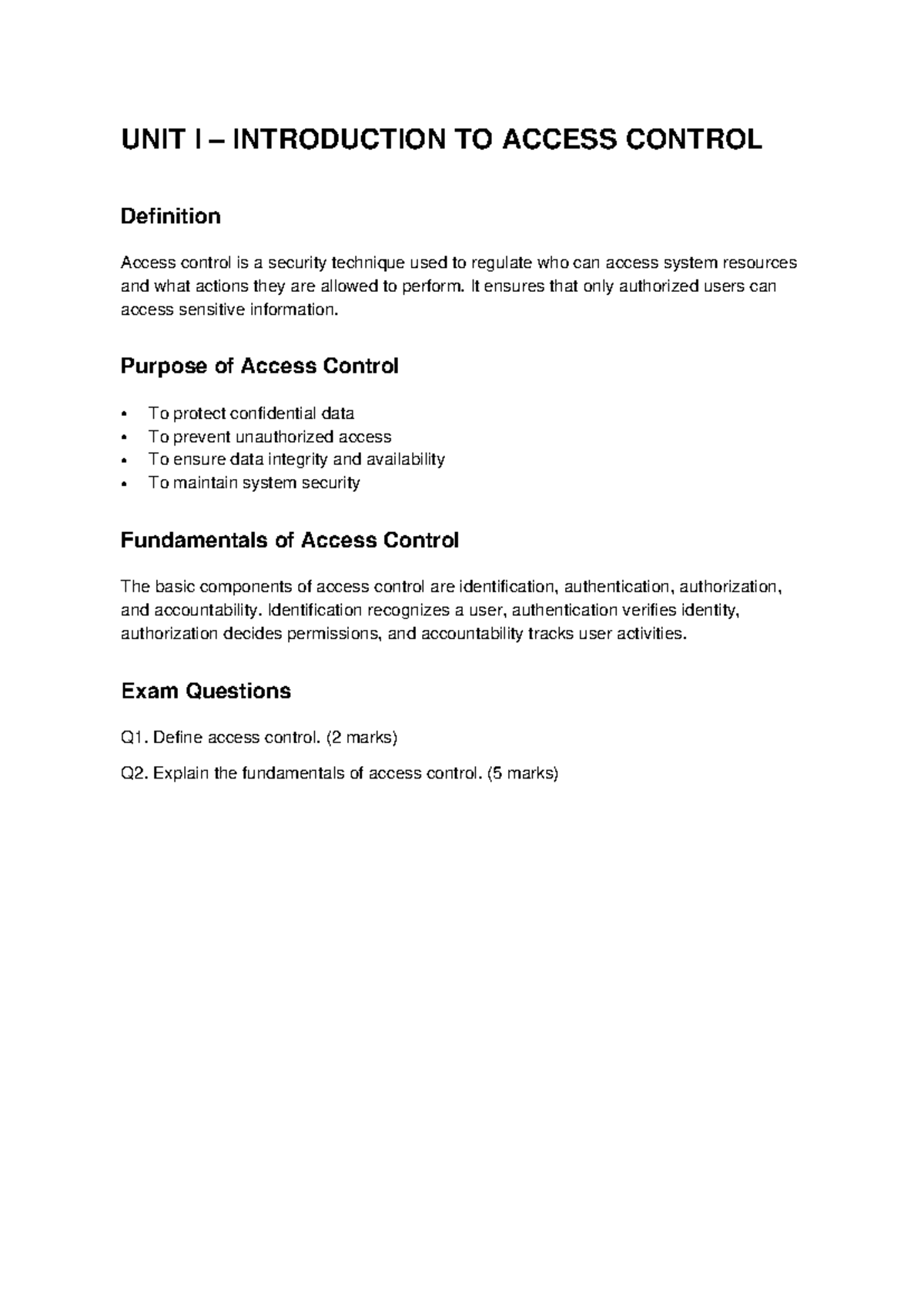 Access Control (CS101) Exam Oriented Handwritten Notes - Studocu