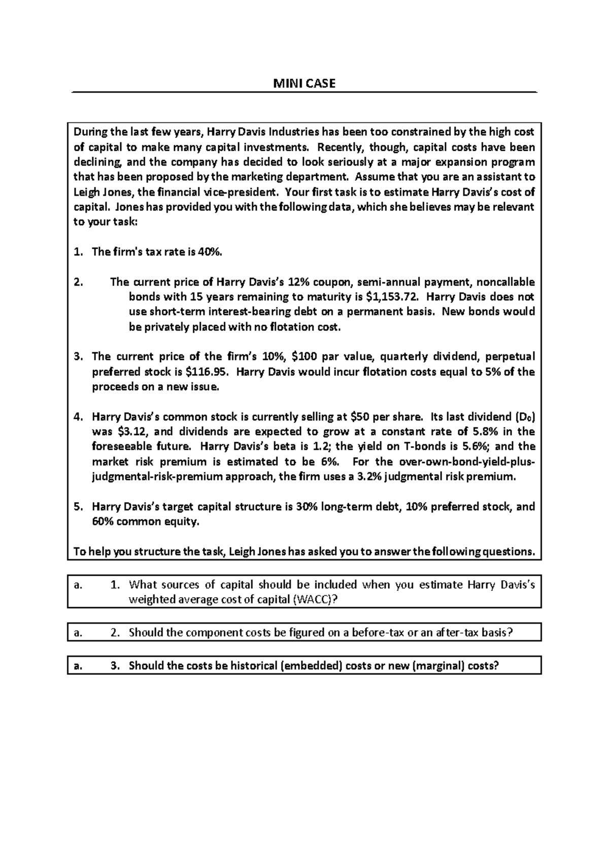 MINI CASE: Estimating Cost of Capital for Harry Davis Industries - Studocu