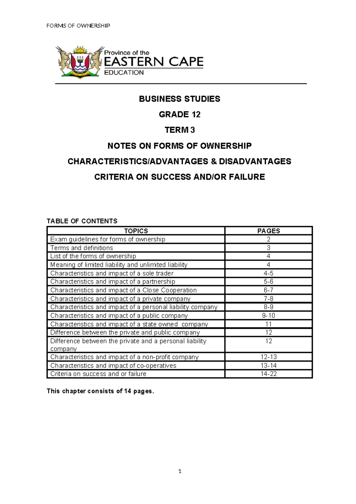 Grade 12 Business Studies: Chapter 15 - Forms of Ownership Notes - Studocu