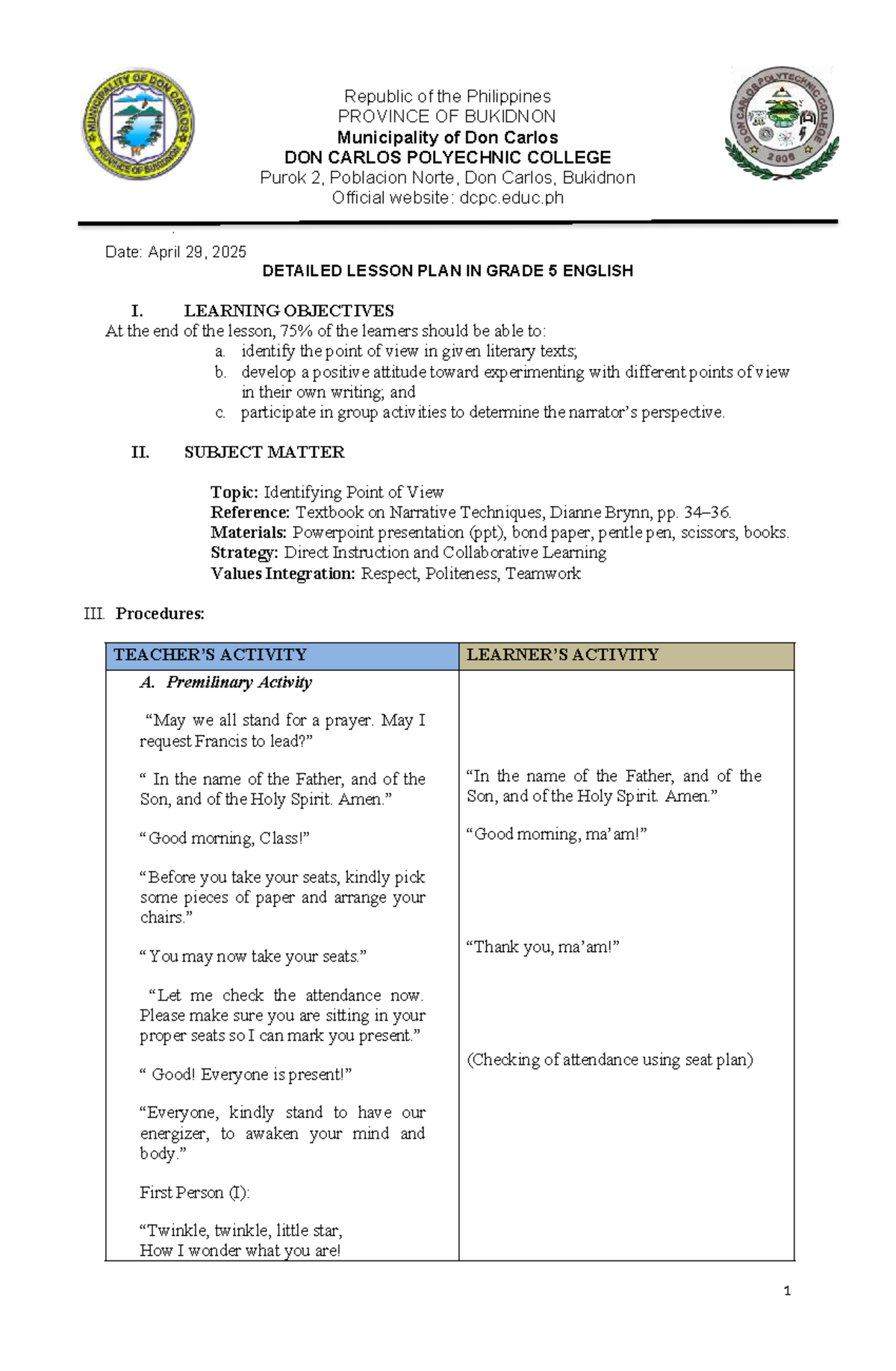 Grade 5 English Lesson Plan: Identifying Point of View (ENG 101) - Studocu