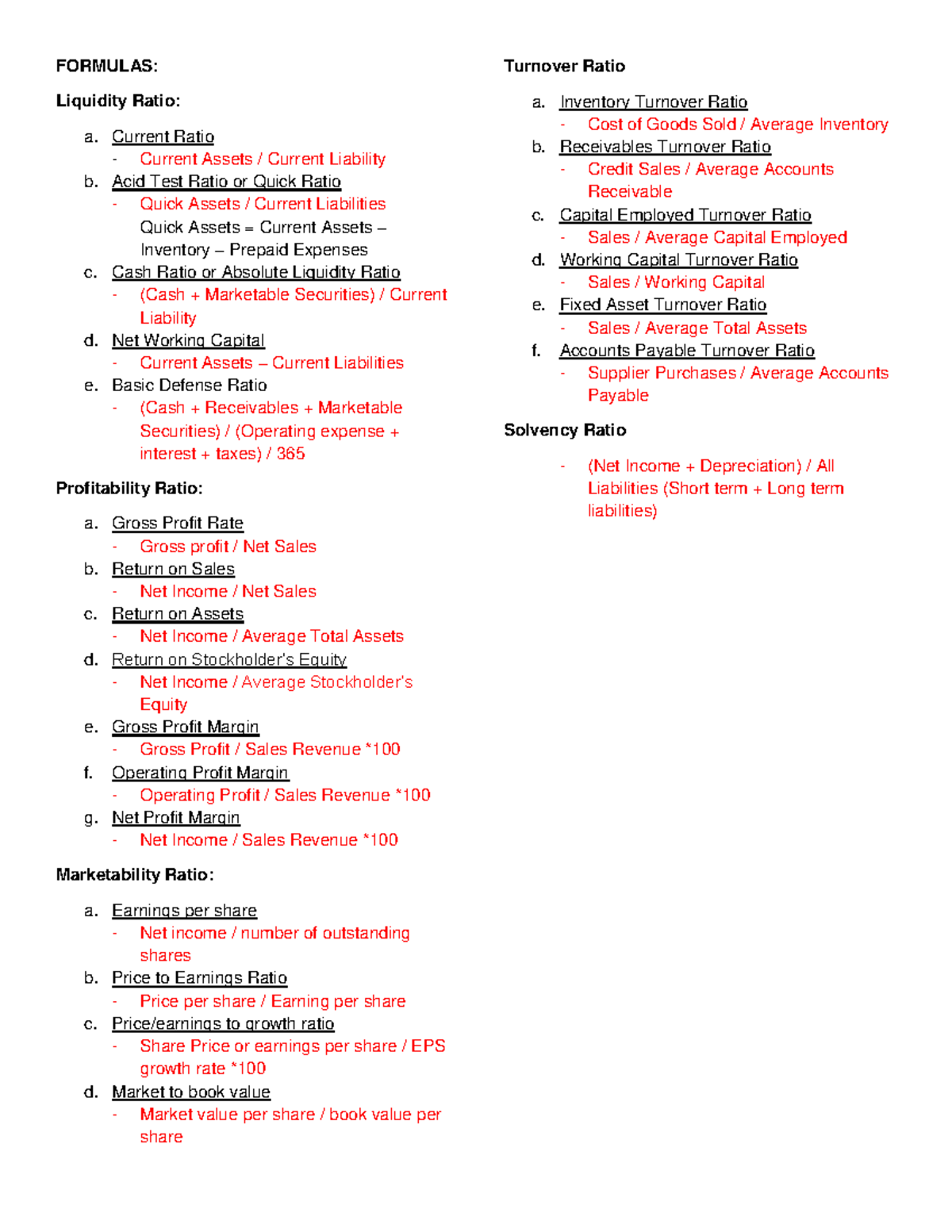 Fundamental Financial Ratios & Formulas - FINMAN Guide - Studocu