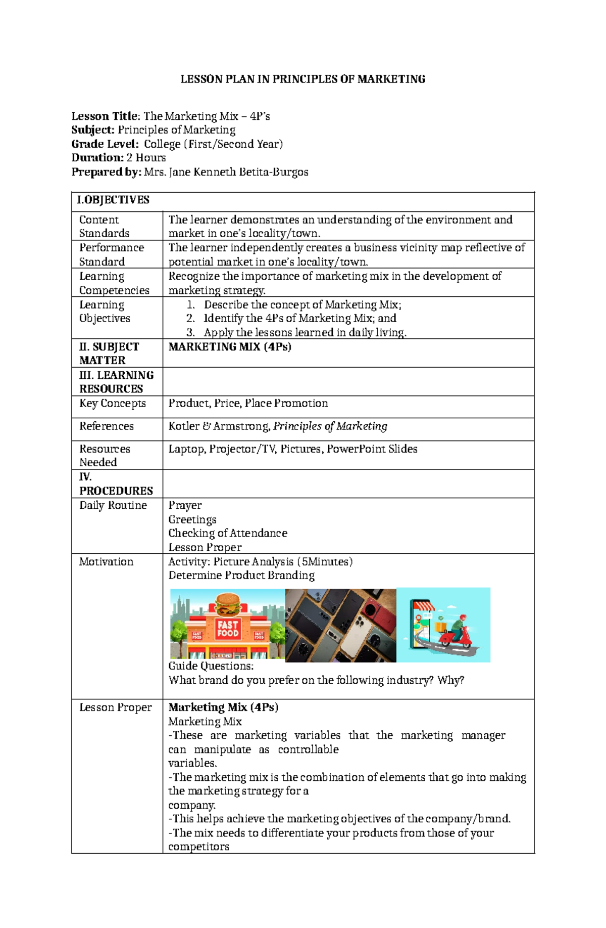 LESSON PLAN: THE MARKETING MIX (4Ps) - PRINCIPLES OF MARKETING - Studocu