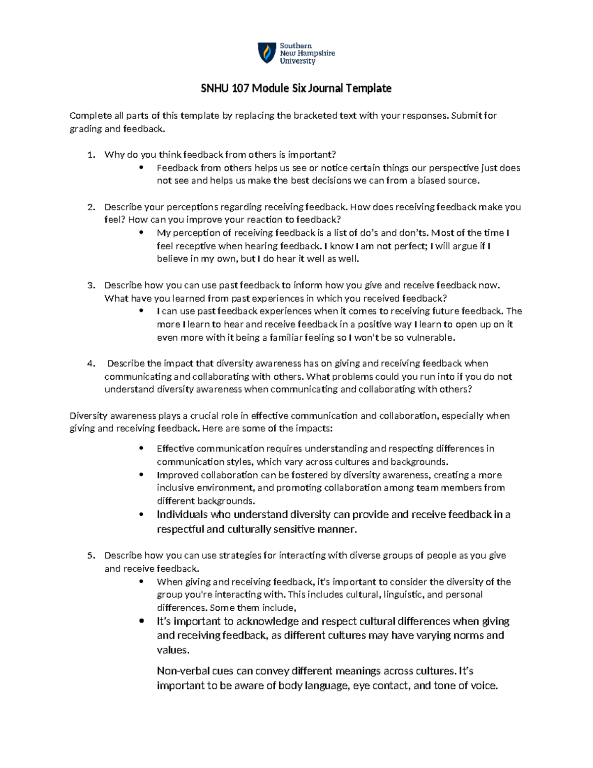 SNHU 107 Module Six Journal: Feedback and Diversity Awareness Insights ...