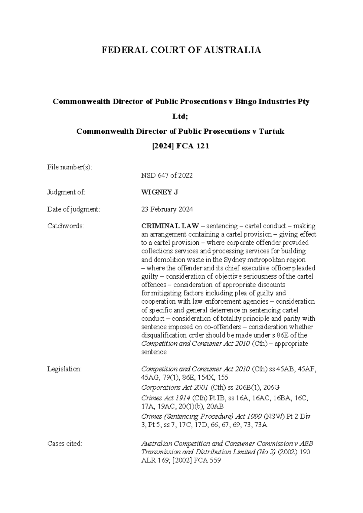 2024FCA0121 - Case Note on Cartel Offences in Waste Management - Studocu