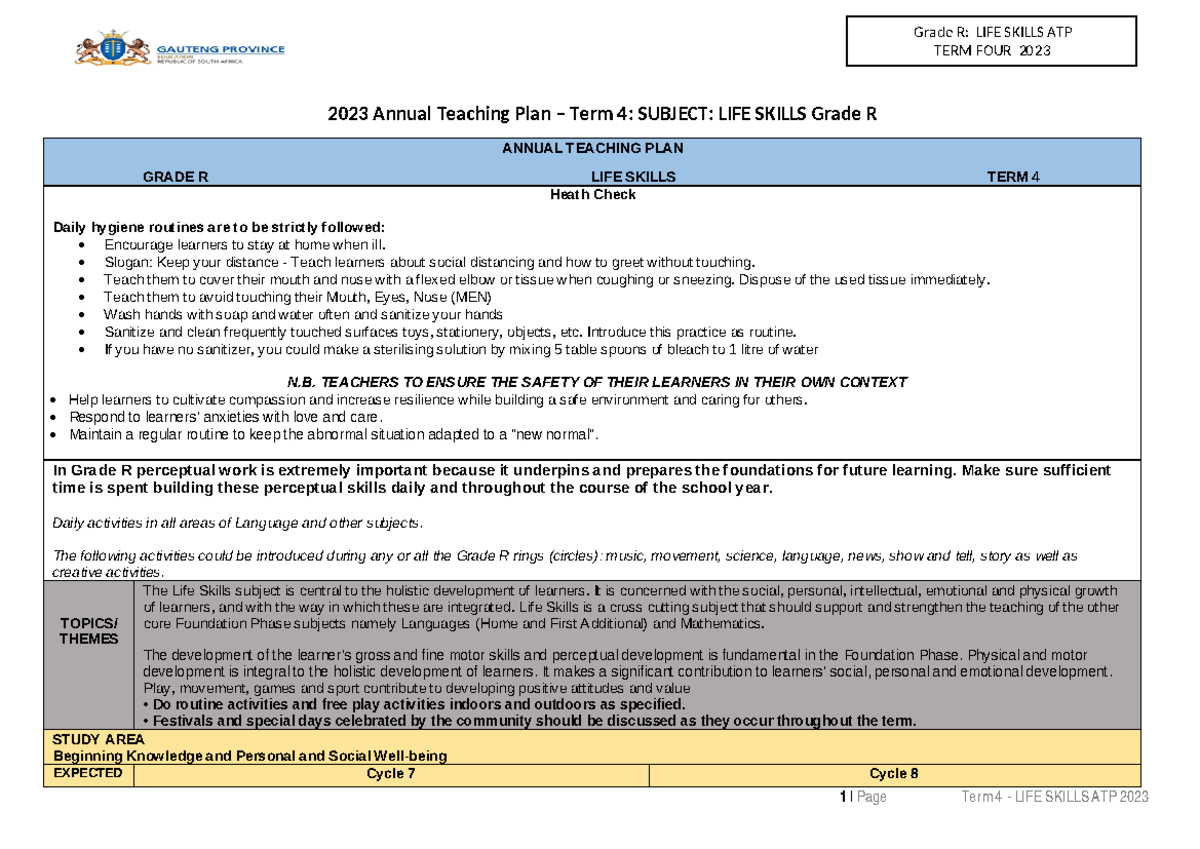 Grade R Life Skills Annual Teaching Plan (ATP) - Term 4 2023 - Studocu