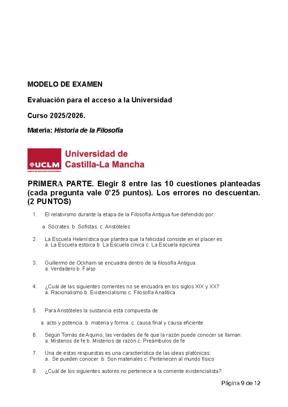 Modelo de Examen PAU: Historia de la Filosofía - Evaluación Completa ...