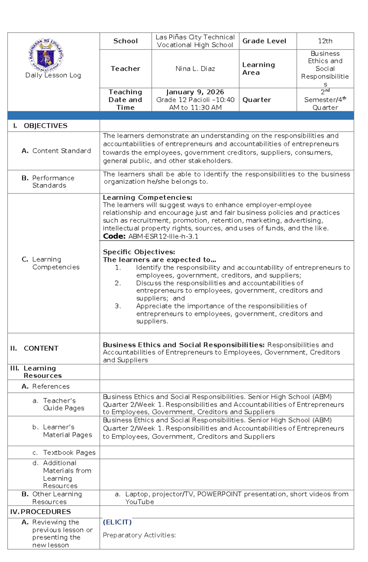 SHS 12 Business Ethics & Social Responsibilities Lesson Log - Jan 9 ...