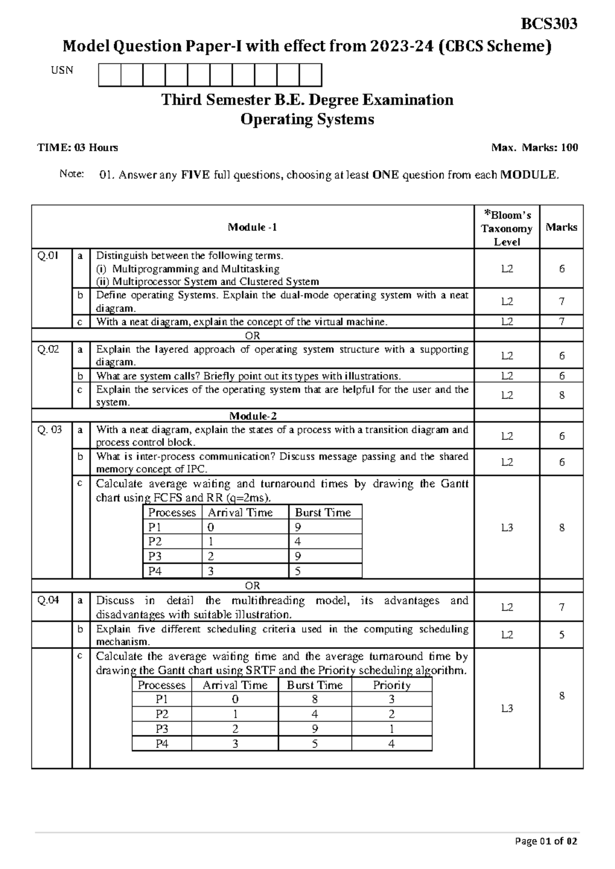 BCS303 Model Question Paper for Operating Systems - 3rd Sem B.E. - Studocu