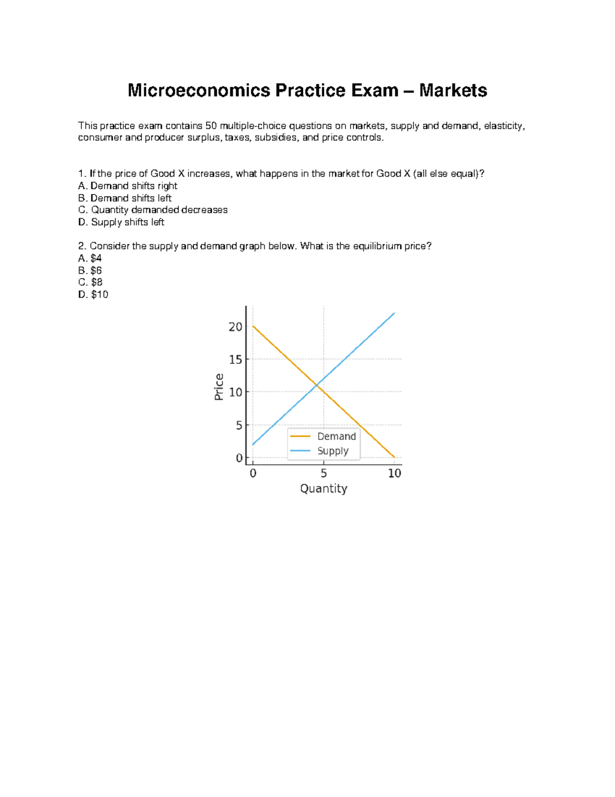 Micro Econ Markets Practice - Microeconomics Practice Exam – Markets ...