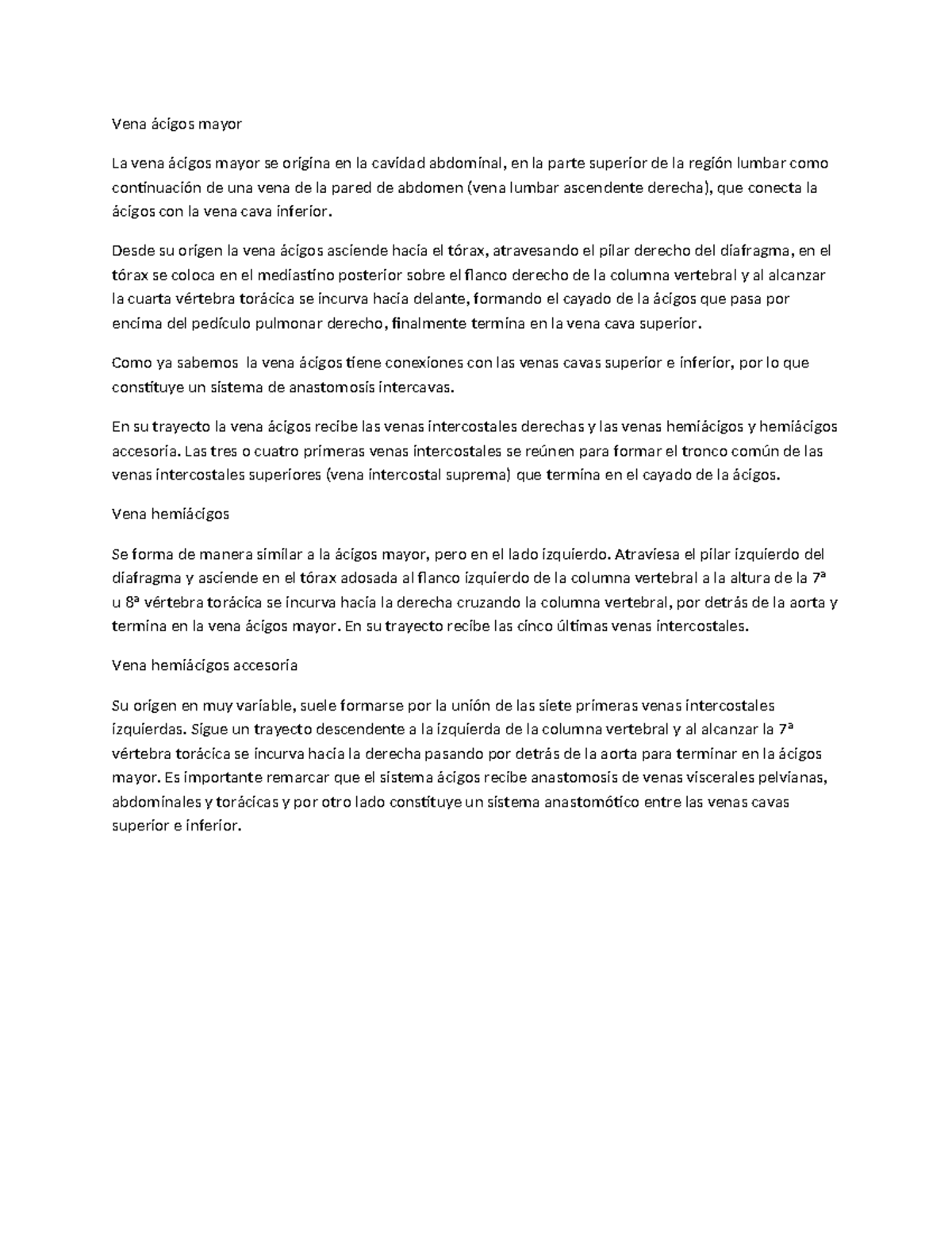 Vena Ácigos Mayor y Hemiácigos: Anatomía y Funciones - Studocu