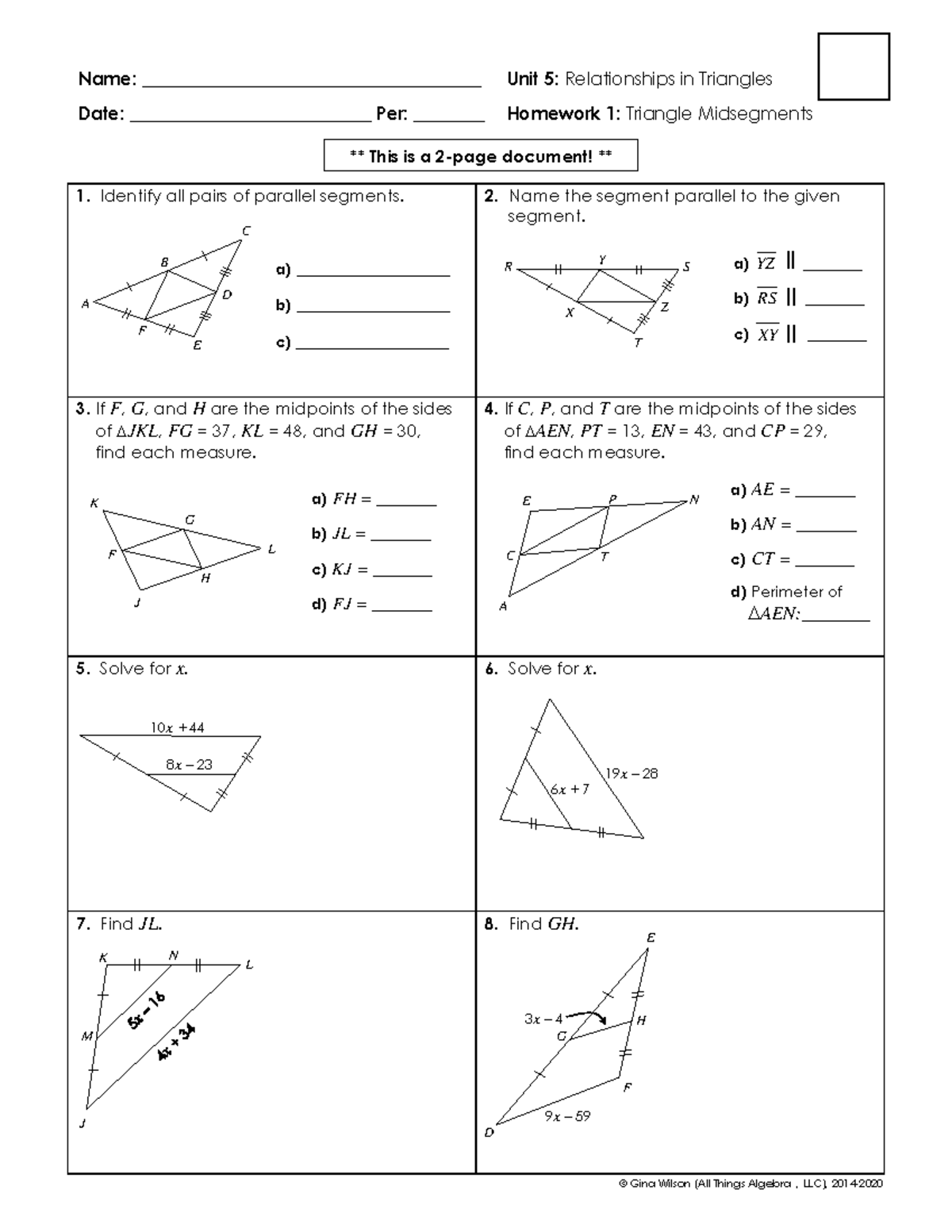 Unit 5: Triangle Midsegments Homework 1 - Relationships in Triangles ...