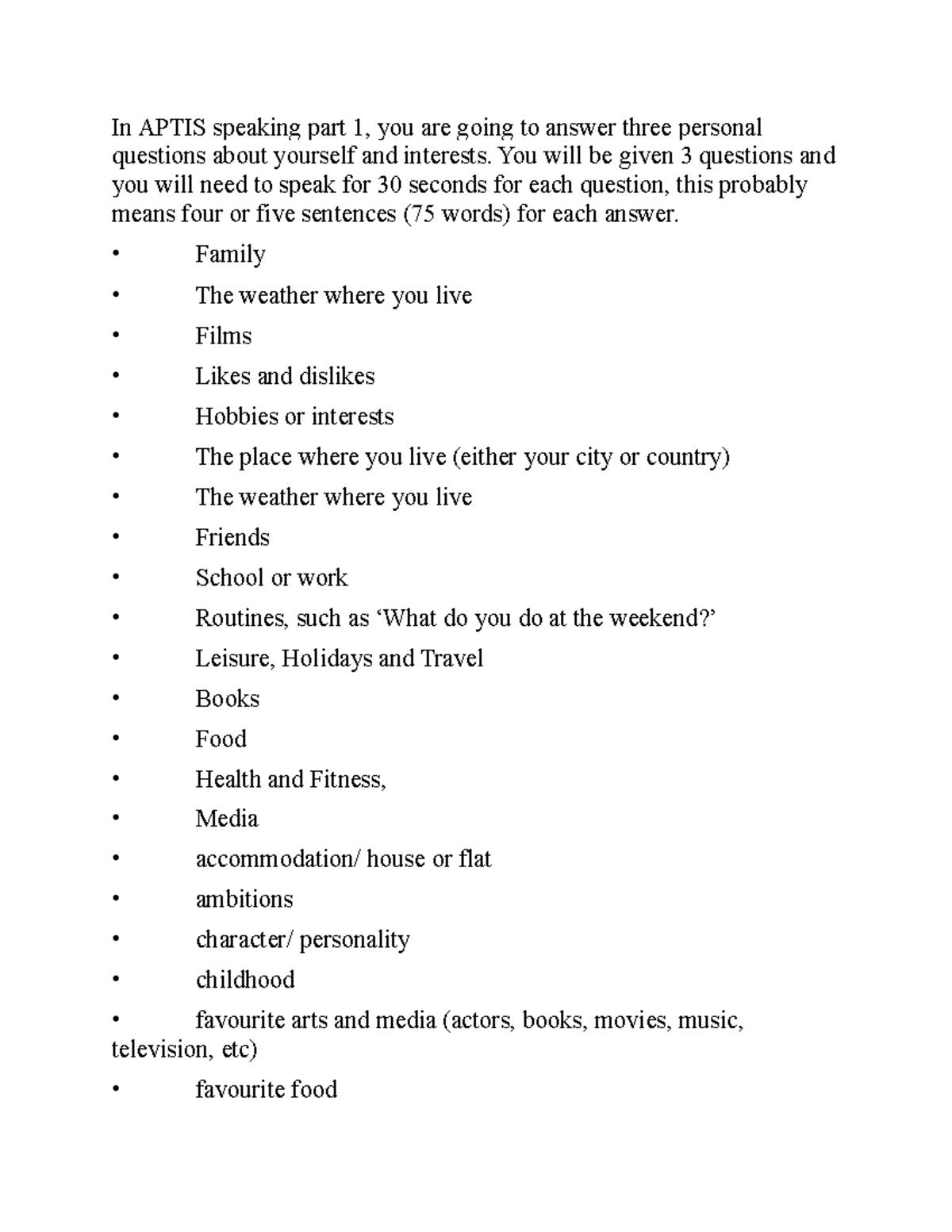 APTIS Speaking Part 1: Tips and Personal Response Guide - Studocu