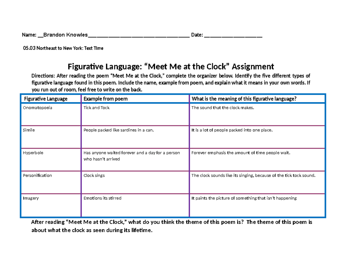 Figurative Language Analysis for "Meet Me at the Clock" Assignment ...