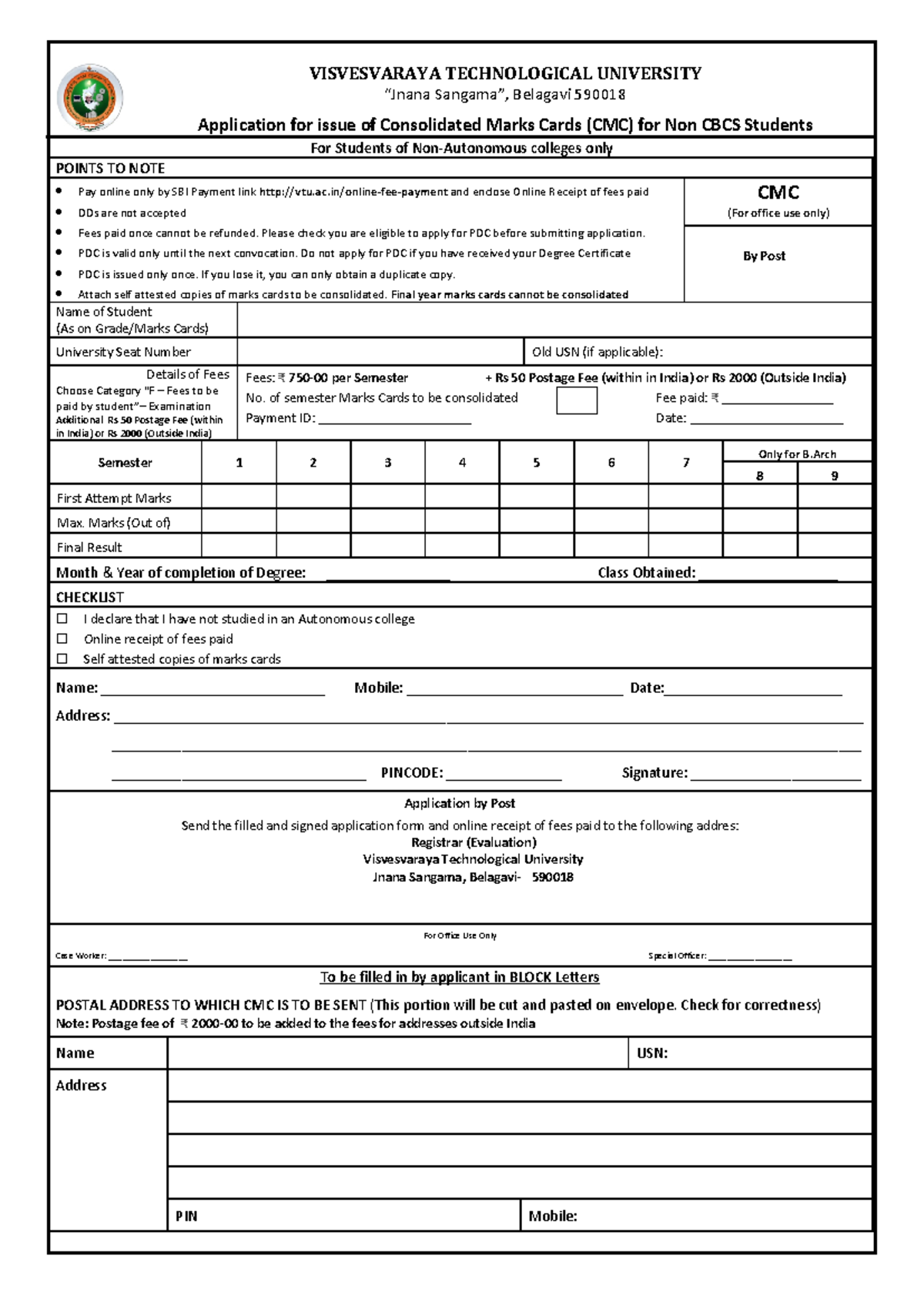 Application for Consolidated Marks Cards (CMC) - VTU Guidelines - Studocu