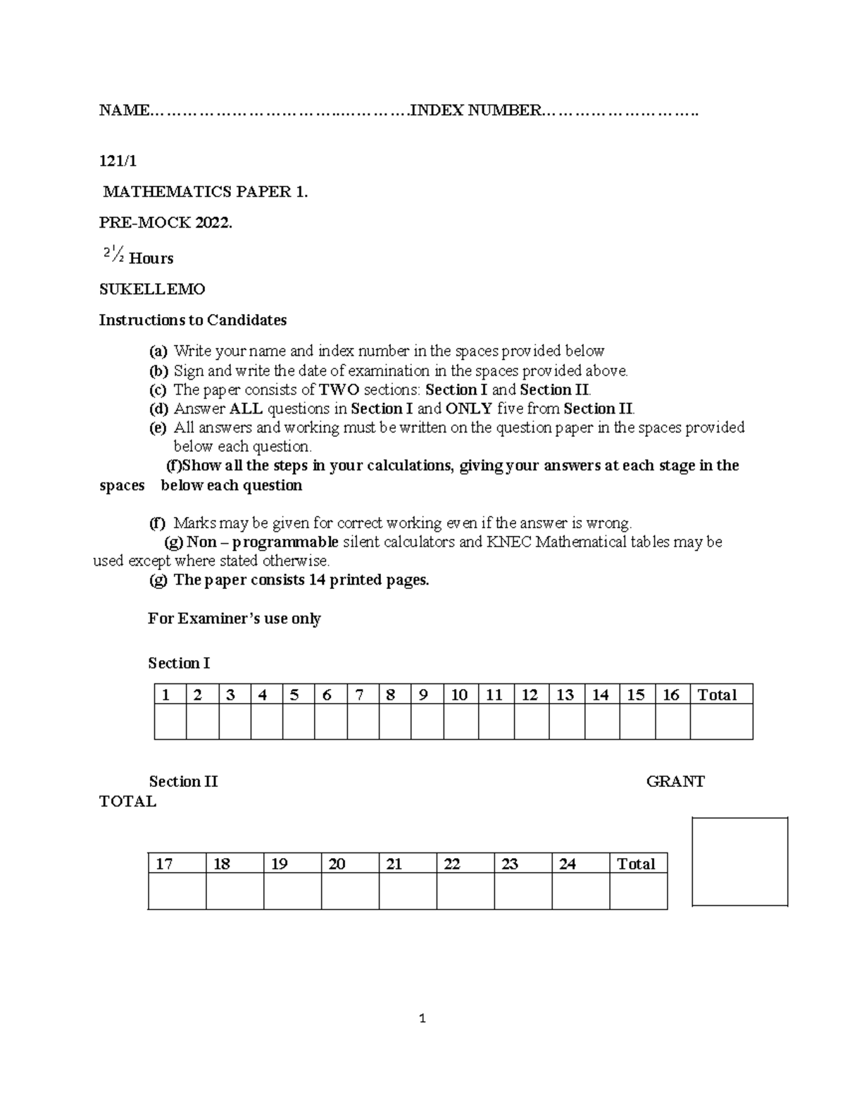 MATHEMATICS PAPER 1 (MATH-PP1) - 2022 Exam Questions and Instructions ...