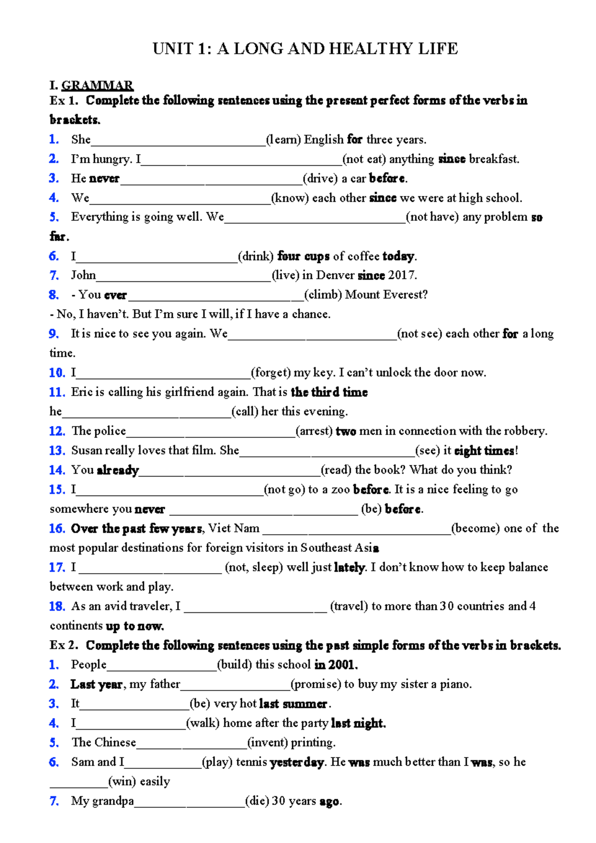 UNIT 1.1 G11 - Grammar Exercises for a Long and Healthy Life - Studocu