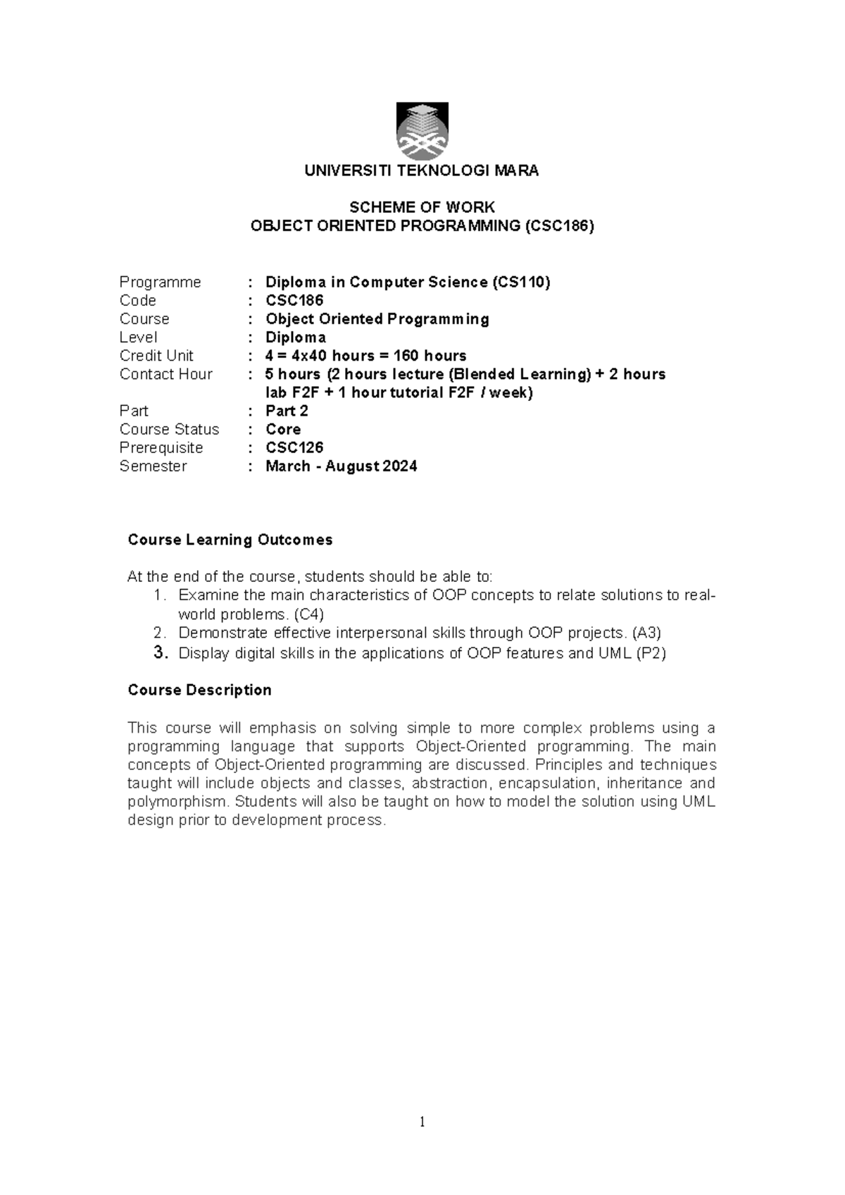 CSC186-Object Oriented Programming Scheme of Work March-August 2024 - Studocu