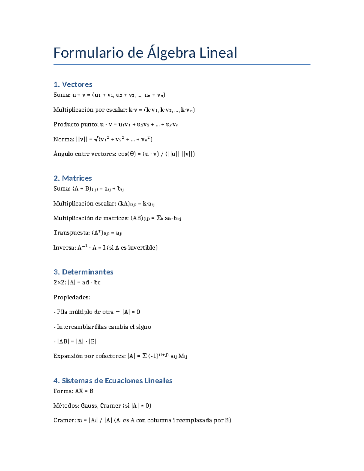 Formulario de Álgebra Lineal 1: Vectores y Matrices - Studocu