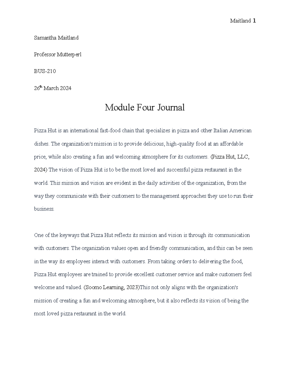 BUS-210 Module 4 Journal: Analyzing Pizza Hut's Culture & Leadership ...