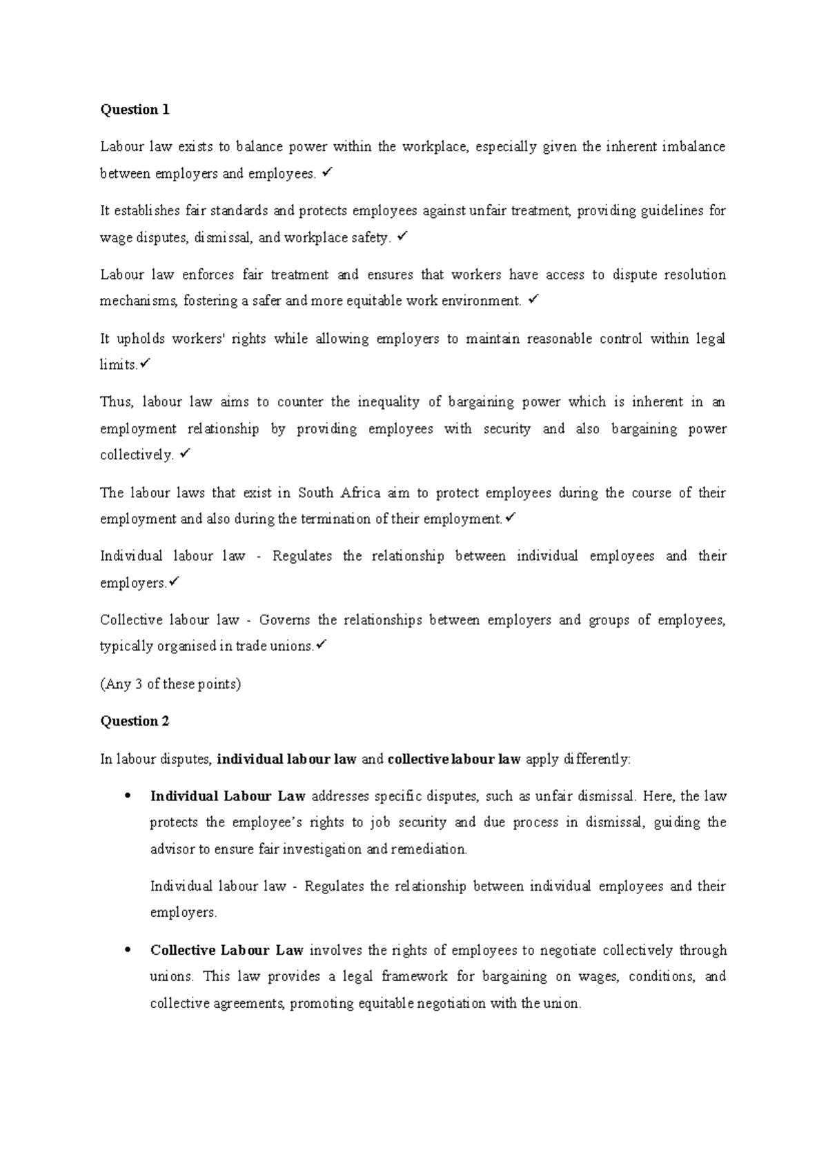Memo Tutorial on Labour Law 1 - Question 1 Labour law exists to balance ...