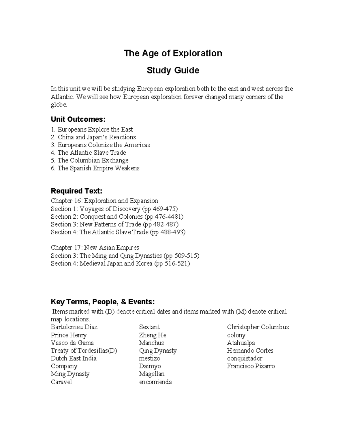 Unit Study Guide: Age of Exploration (HIST 101) - Studocu