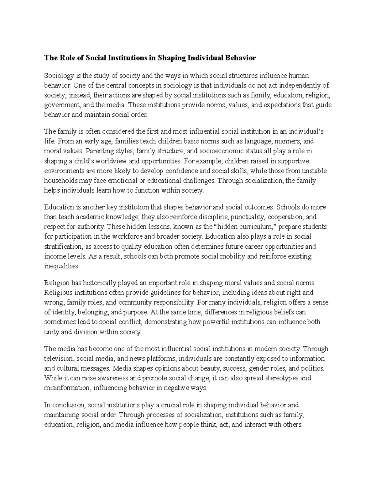 Sociology 101: The Impact of Social Institutions on Behavior Essay ...