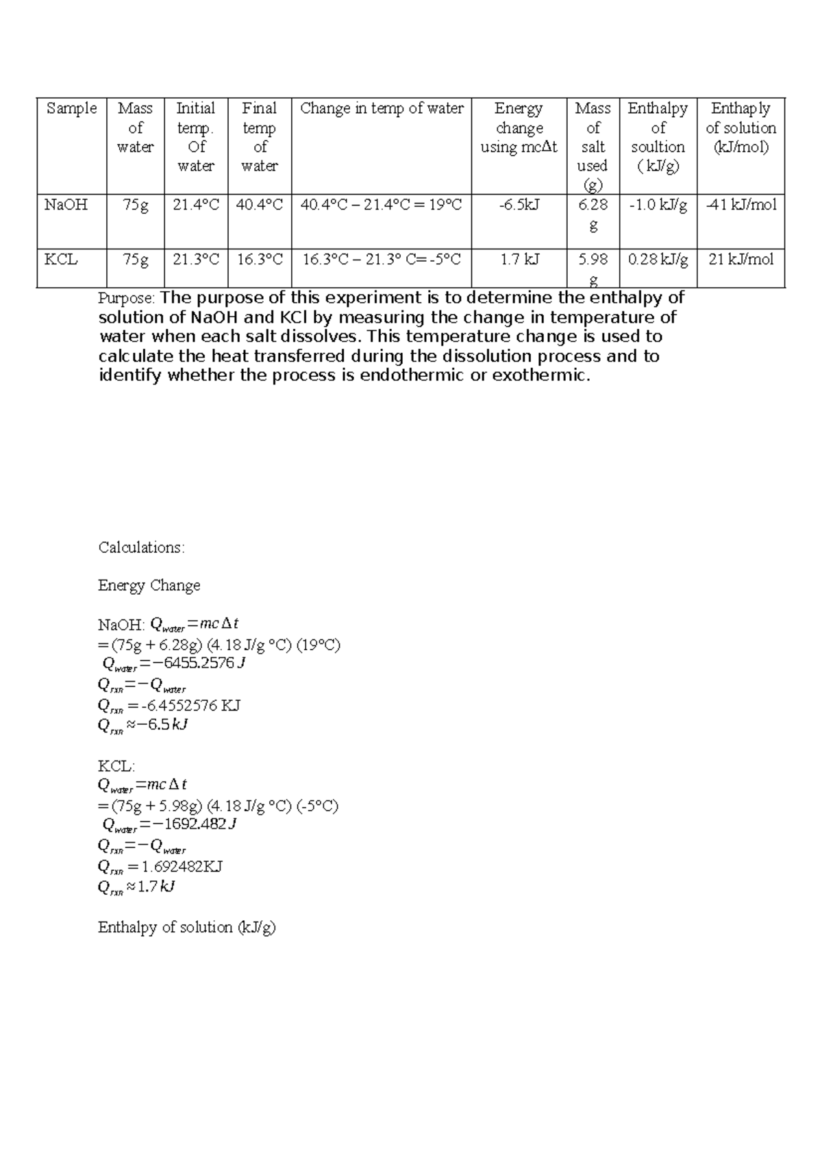 SCH4U Unit 2 Lab: Enthalpy of Solution for NaOH & KCl - Studocu