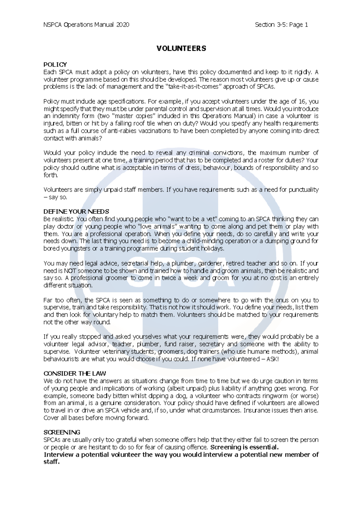 SPCA Volunteer Policy & Indemnity Forms Guide - Studocu