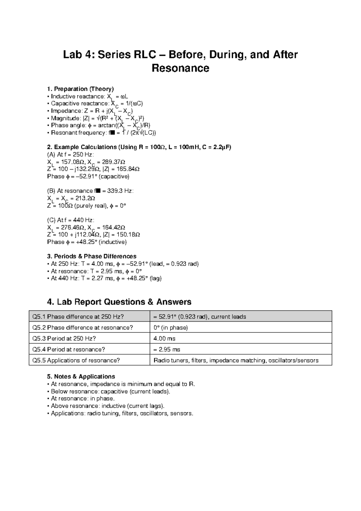 Lab 4: Series RLC Resonance Analysis and Calculations - Studocu