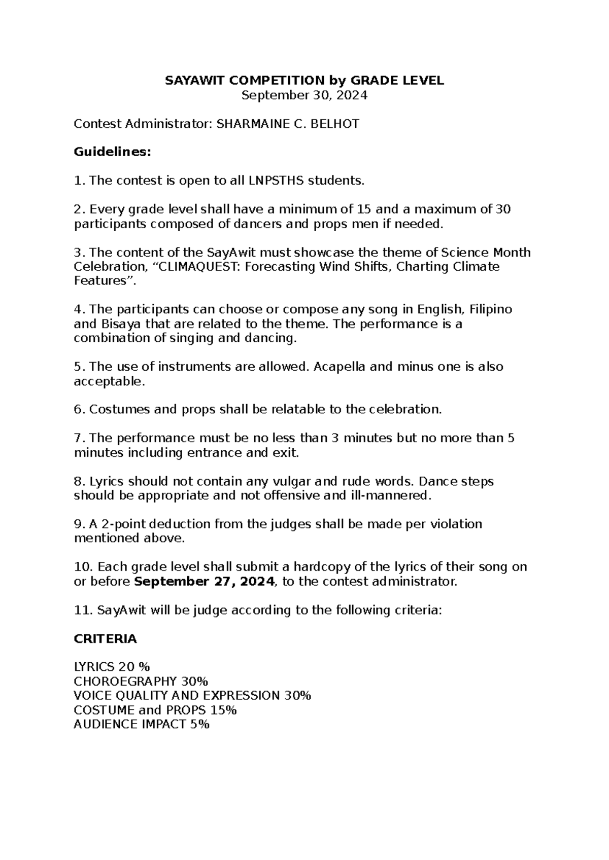 LNPSTHS Sayawit Competition Guidelines for Grade Levels 2024 - Studocu