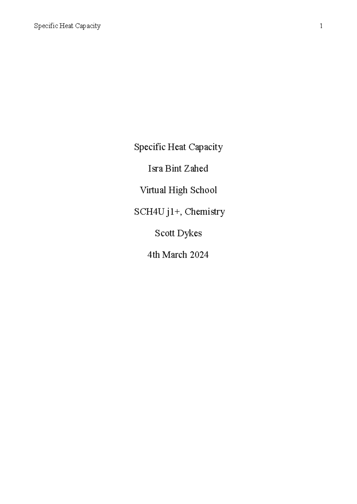Specific Heat Capacity Experiment Analysis - SCH4U Chemistry - Studocu