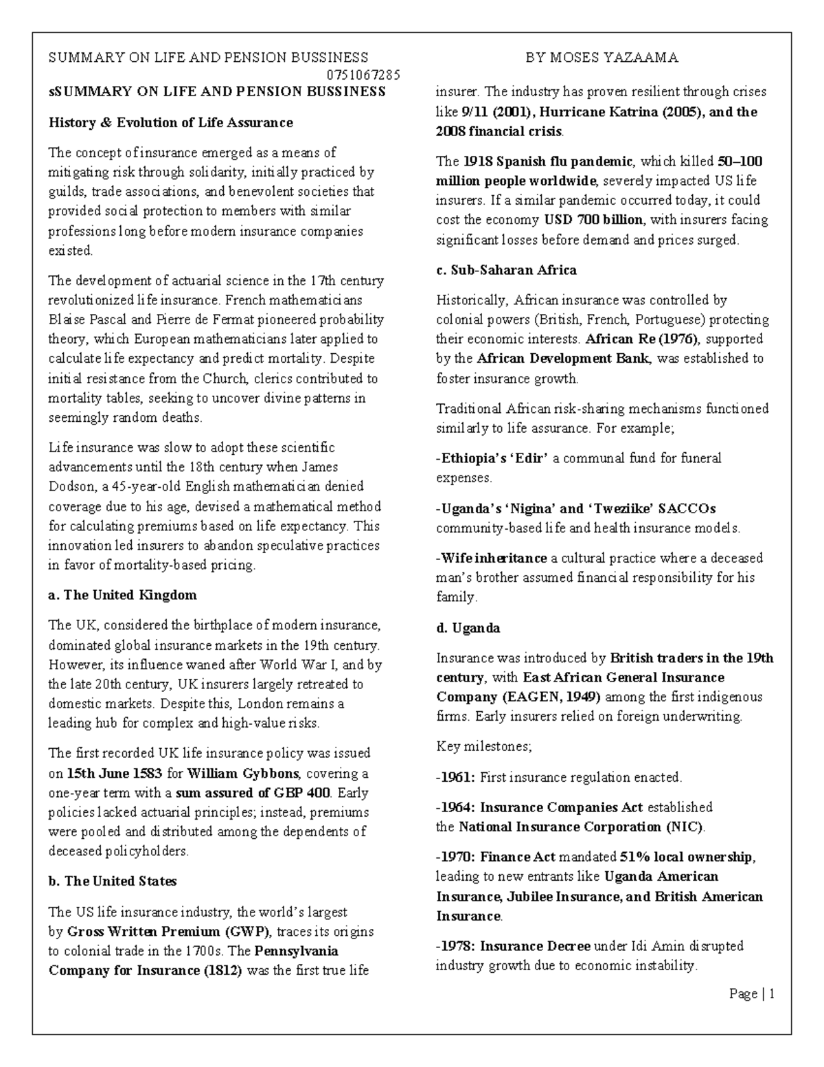 SUMMARY OF LIFE AND PENSION BUSINESS 0751067285 - Studocu