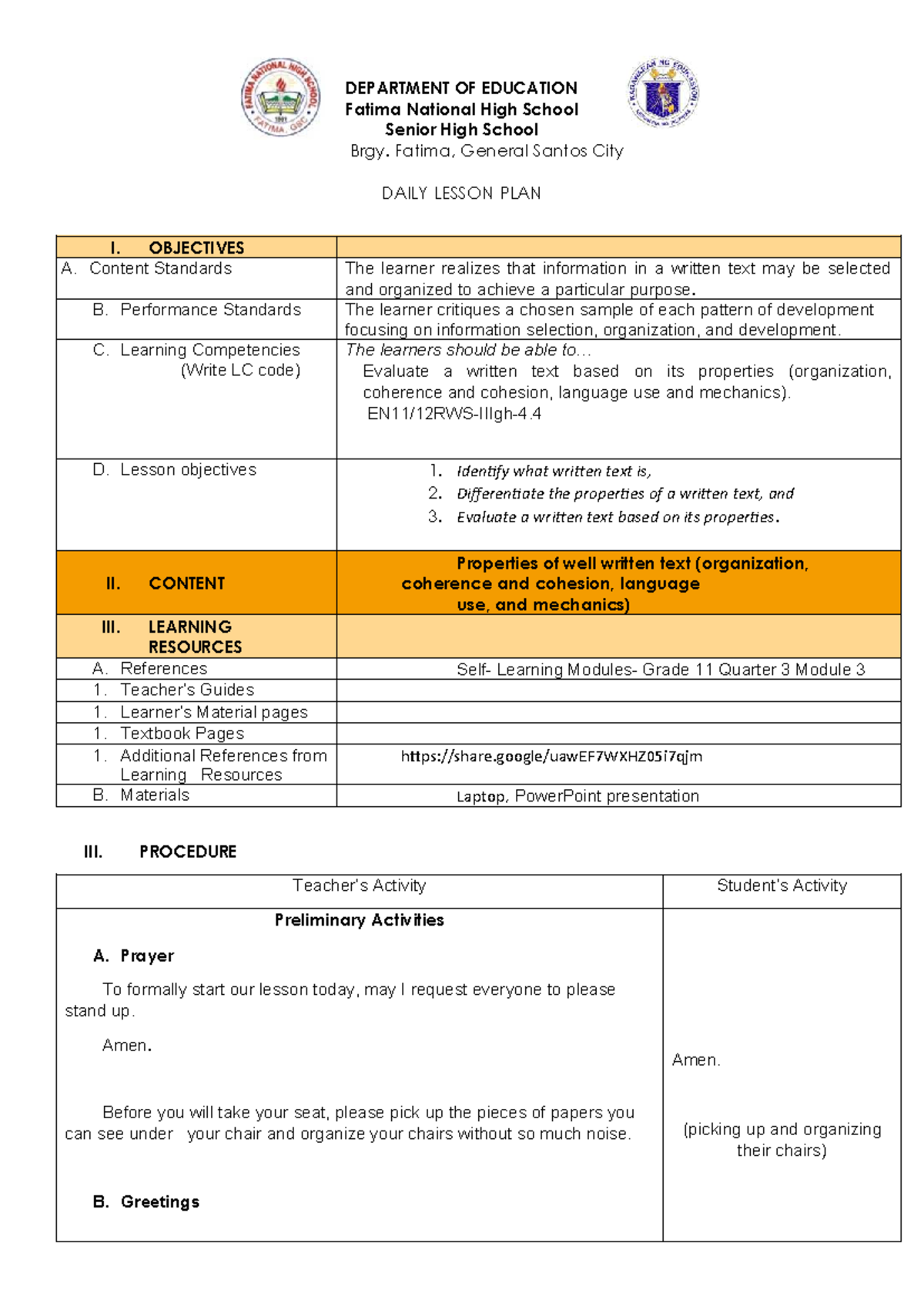 DE11 Daily Lesson Plan: Evaluating Properties of Written Text - Studocu