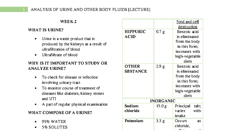Trans-AUBF LEC: Week 2 Urine Analysis and Body Fluids Review - Studocu