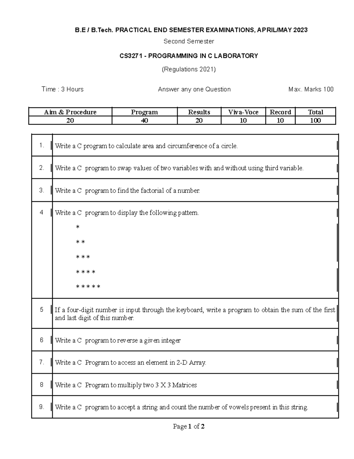 CS3271 Practical End Semester Exam 2023 - Programming in C Lab - Studocu