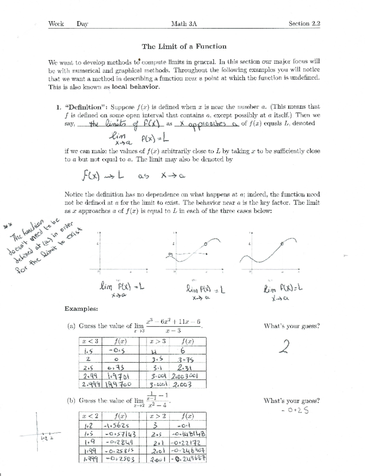 Math 3A Week 2 Lecture Notes: Understanding Limits of Functions - Studocu