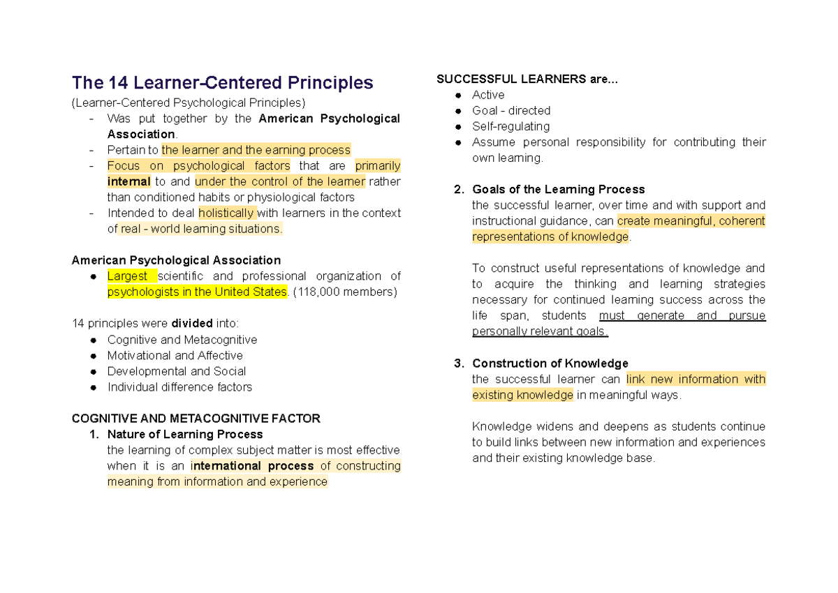EDU 222 - The 14 Learner-Centered Teaching Principles Explained - Studocu