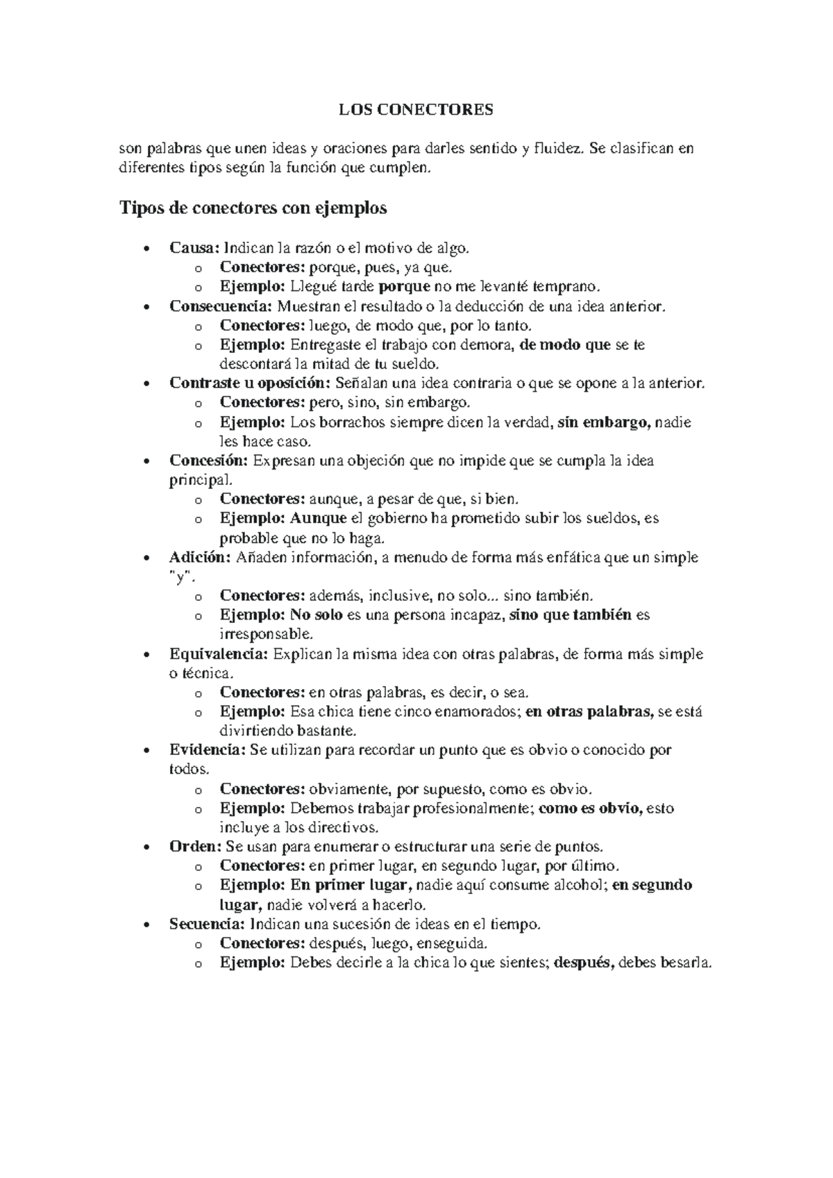 LOS CONECTORES: Tipos y Ejemplos de Uso en Español - Studocu