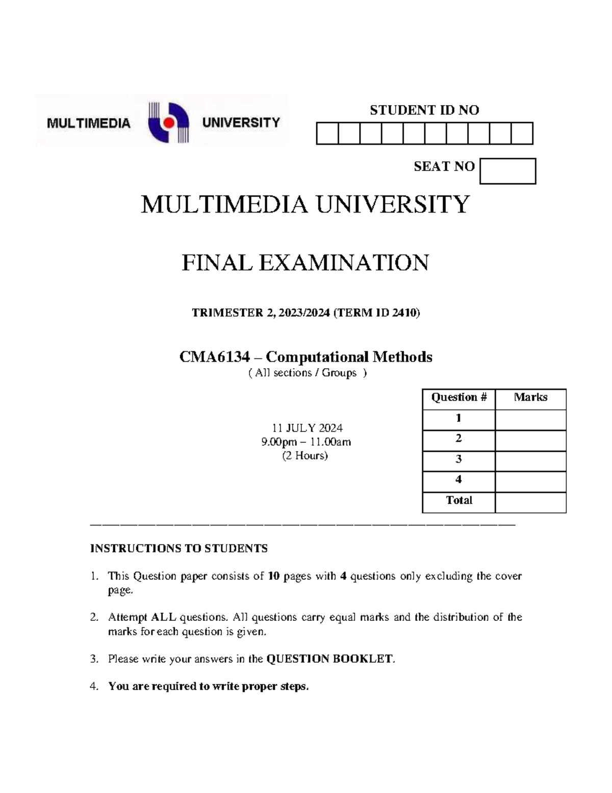 CMA6134 Final Exam Trimester 2, 2410 - Computational Methods Questions ...