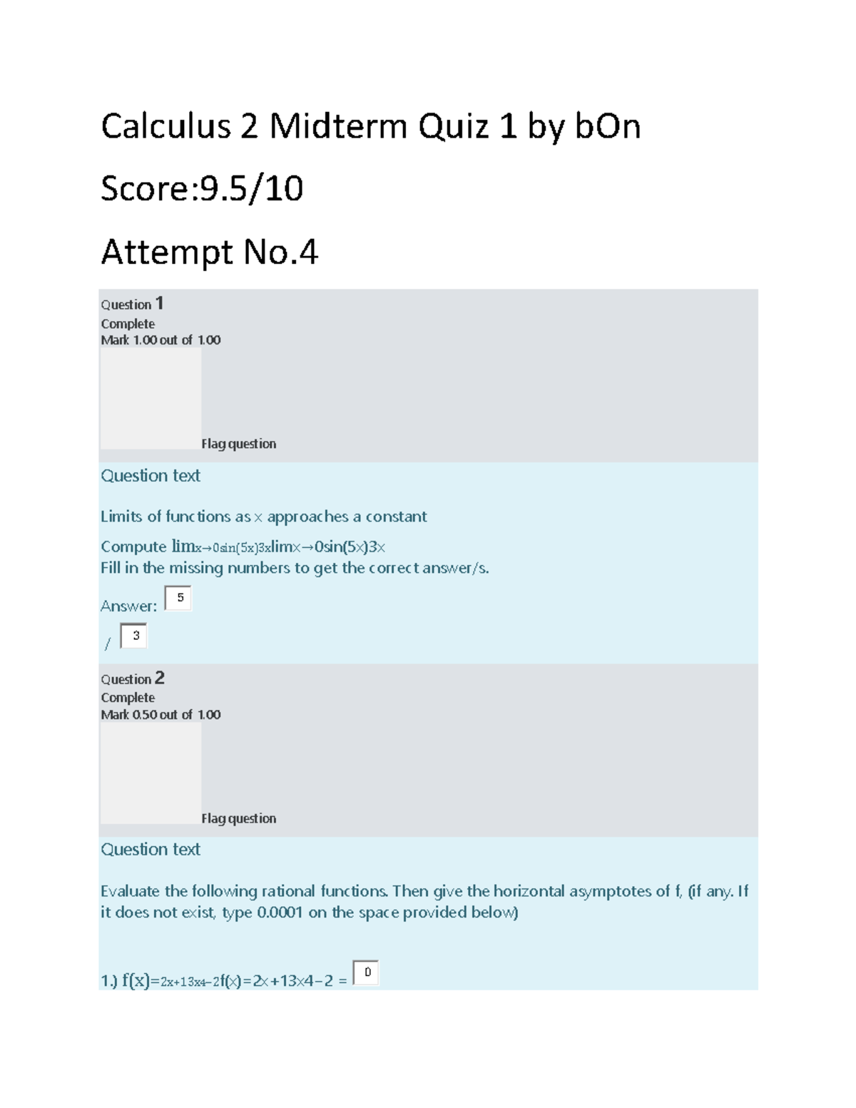 Midterm 2021, questions and answers - Calculus 2 Midterm Quiz 1 by bOn Score:9/ Attempt No ...