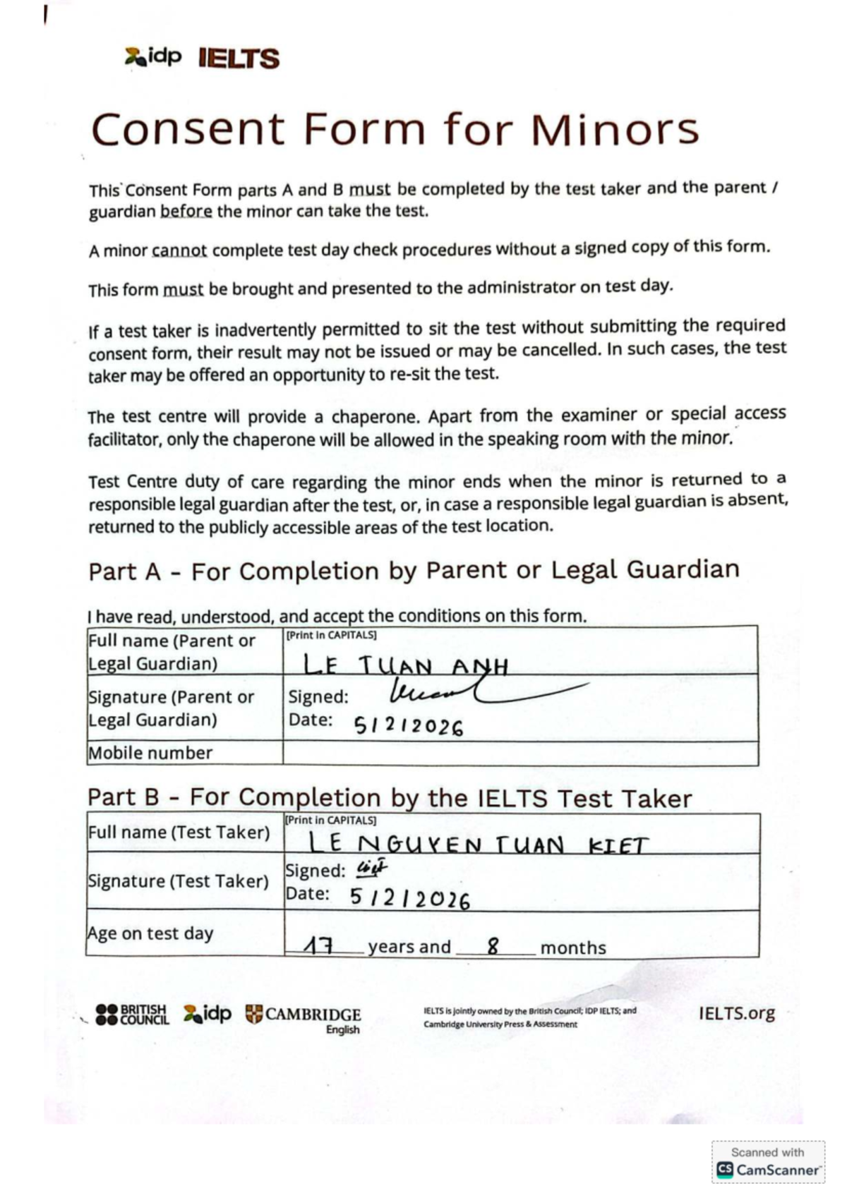 IDP IELTS Consent Form for Minors - Important Test Day Info - Studocu