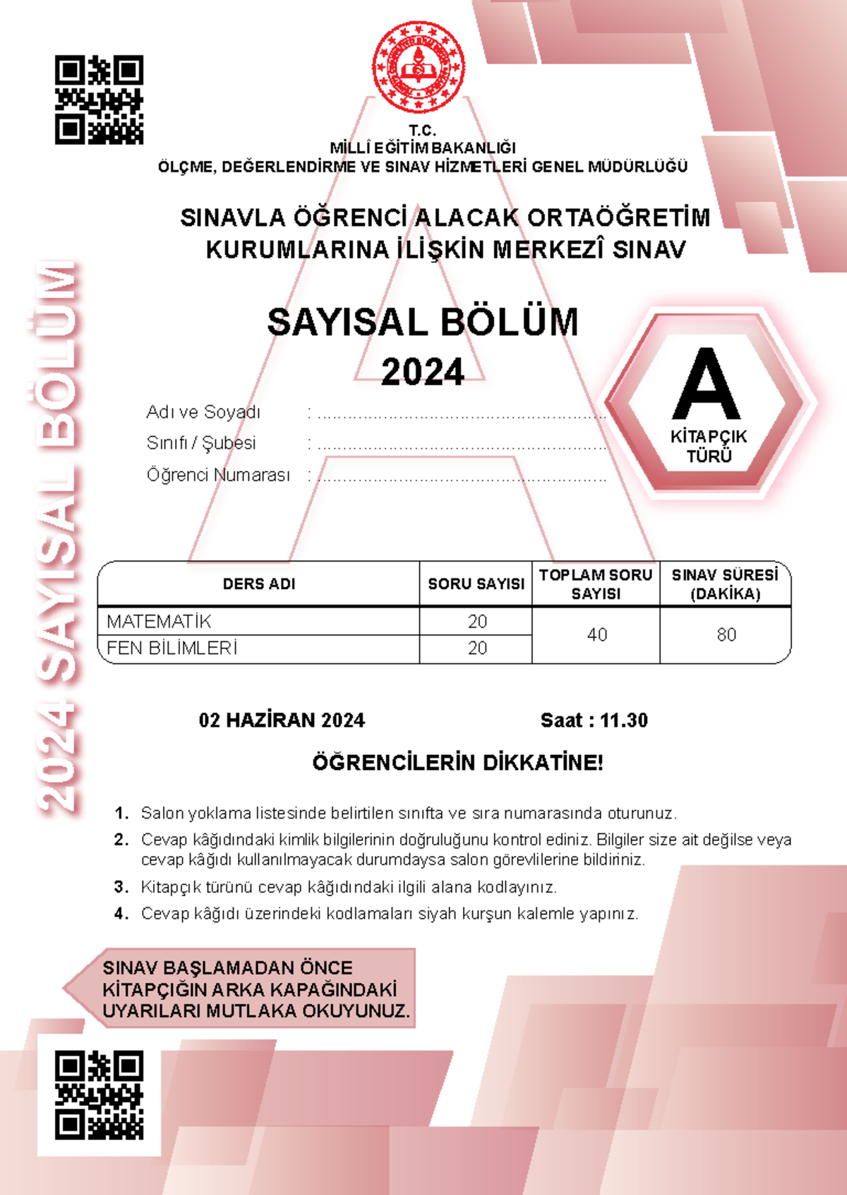 03121642 2024 Sayısal Bölüm Sınavı Matematik ve Fen Bilimleri Testi ...