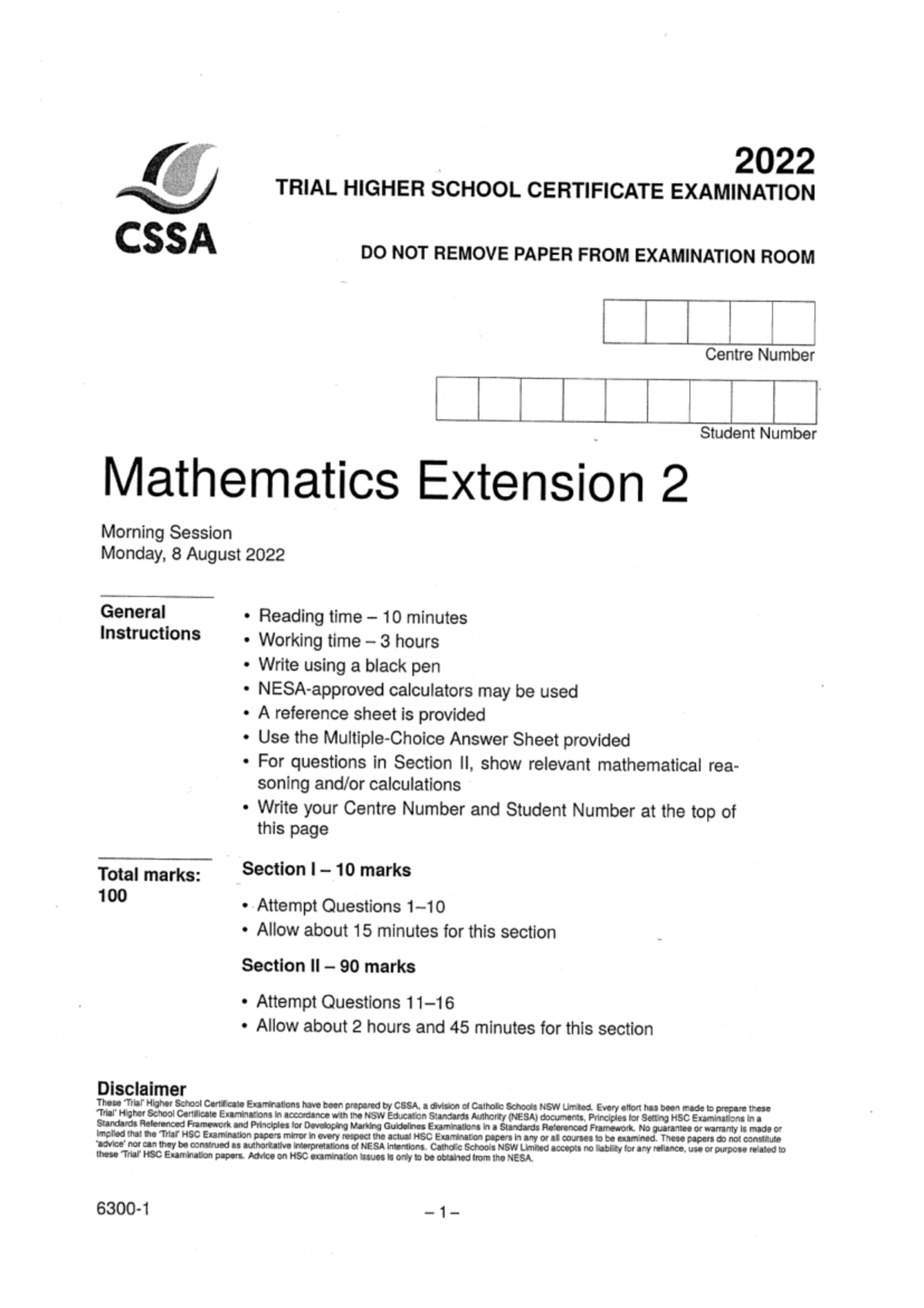 2022 CSSA Mathematics Extension 2 Trial Exam Questions - Studocu