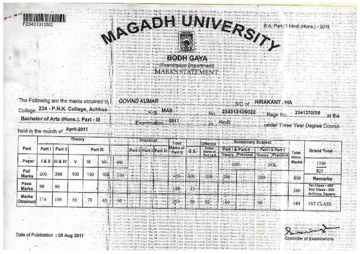 Magadh University B.A. Part I Hindi (Hons.) Marks Statement 2011 - Studocu