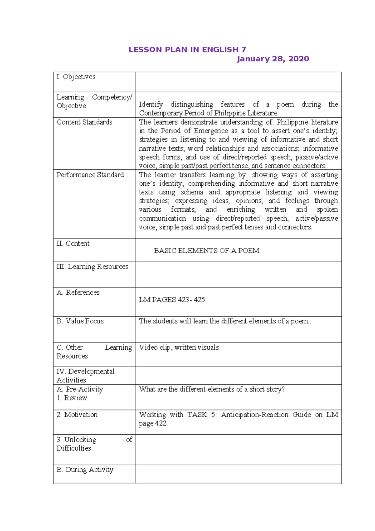 G7 - Lesson Plan: Basic Elements of a Poem (4th Grade) - Studocu