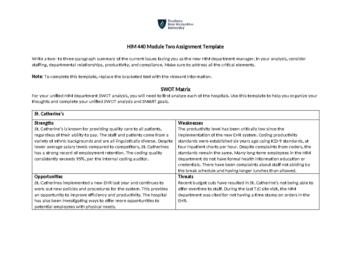 HIM 440 Module 2 SWOT Analysis & SMART Goals for Department Manager ...