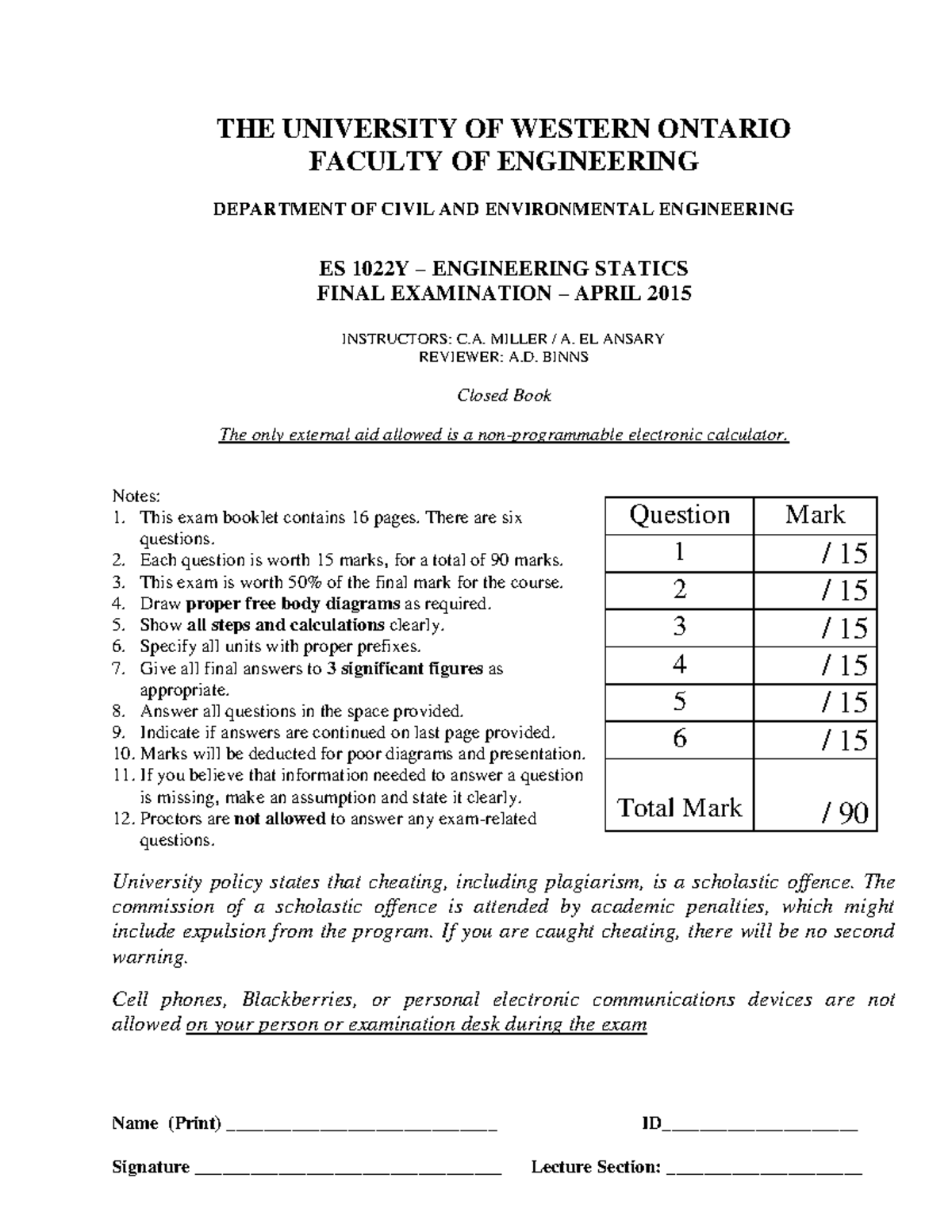 ES 1022Y Engineering Statics Final Exam Review - April 2015 - Studocu