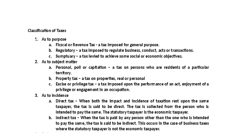 Classification of Taxes: Types and Characteristics Overview - Studocu